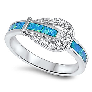 Belt Buckle Design Clear CZ Blue Simulated Opal Ring .925 Sterling Silver Size 6