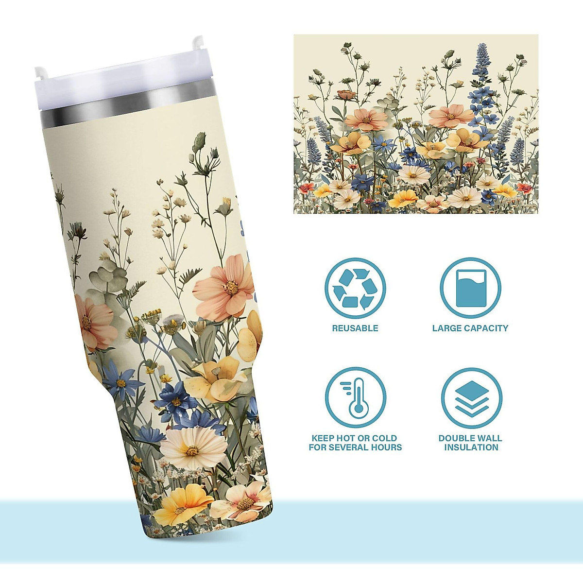 xigua 40 oz Botanical Wildflower Tumbler with Handle and Straw Lid, Stainless Steel Vacuum Insulated Sports Water Bottle, Keeps Cold or Hot Coffee Cup Travel Mug