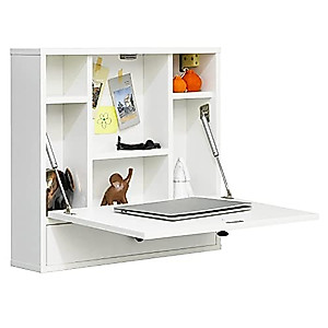 Tangkula Wall Mounted Desk, Pneumatic Floating Desk Wall Mount Laptop Desk with Magnetic Foldable Tabletop, Space Saving Wall Mounted Table Wall Desk with Storage Drawer and Shelves (White)