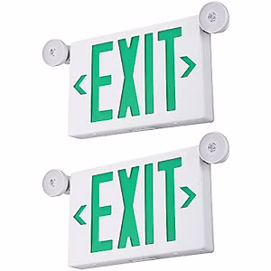 TORCHSTAR Green LED Exit Sign with Emergency Lights, UL 924, Emergency Exit Light with Battery Backup, Adjustable Heads, Fire Exit Sign with Lights, Double Face, AC 120/277V, Damp Location, Pack of 2