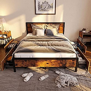 Rolanstar Bed Frame, Full Size Bed Frame with 4 Drawers, Particle Board Headboard & Metal Platform Bed with Large Storage Space, up to 700LB, No Box Spring Needed, Mattress Foundation, Noise Free