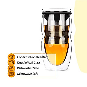 BTAT- Double Wall Glass Tea Cup With Stainless Steel Infuser, 500ml 16oz Glass, Tea Cup with Lid, Tea Infuser Cup, Tea Cup with Filter, Tea Cup with Infuser, Tea Gifts for Tea Lover, Mother's Day Gift