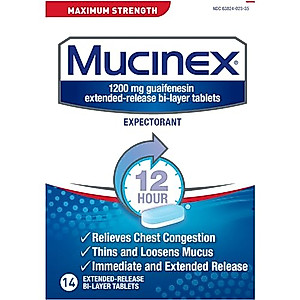 Mucinex 12 Hour Maximum Strength 1200 mg Guaifenesin Extended-Release Tablets for Excess Mucus Relief, Expectorant Aids Excess Mucus Removal, Chest Congestion Relief, 14 Tablets