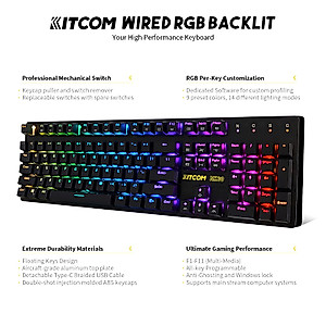 PC Gaming Keyboards RGB Backlit Mechanical Keyboard ABS keycap Programmable Macro Detachable USB Wired Keyboard for Windows PC (104 Keys Red Switch)