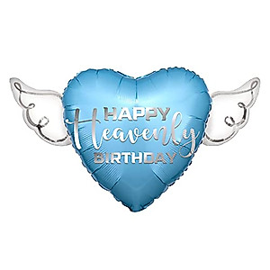 Happy Heavenly Birthday blue heart shaped balloon with angel wings