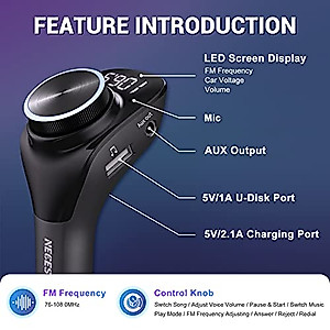 FM Transmitter Car Bluetooth 5.0,NECESPOW QC3.0 USB Charger w/AUX Cable, Hands-Free Car Radio Adapter Supports AUX & U Disk, Wireless Call for iOS and Android Devices