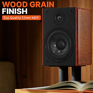 PyleUsa 5.25" Home Wooden Bookshelf Speakers, 200W Max Power, 1" Silk Dome Tweeter and Aluminum Voice Coils, Pair, Gold Plated 5 Way Binding Post,Rubber Surrounds,Beautiful Wood Grain Finish- PHQBS52