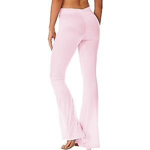 Jhaoyu Women Semi See-Through Zipper Crotch Flare Yoga Pants High Waisted Bootcut Wide Leg Workout Leggings Pink One Size