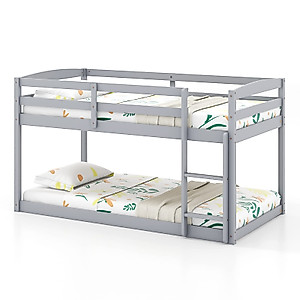 KOMFOTT Low Bunk Bed Twin Over Twin, Solid Wood Bunk Bed Frame with Built-in Ladder & Safety Guardrails, Space-Saving Low Bunk Bed for Kids, Teens, No Box Spring Needed