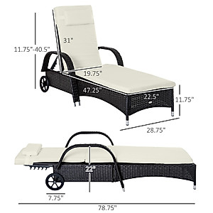 Outsunny Wicker Outdoor Chaise Lounge, 5-Level Adjustable Backrest PE Rattan Pool Lounge Chair with Wheels, Cushion & Headrest, Dark Coffee and Cream White
