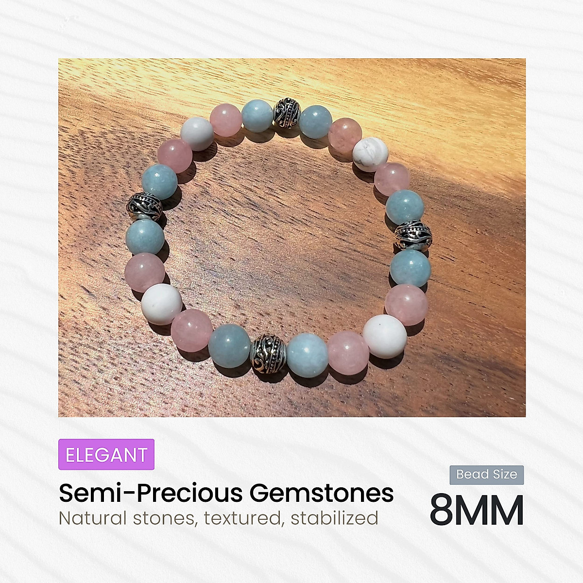 Trans Bracelet Handmade | 8mm Natural Semi Precious Reiki Healing Stones | Easy-On/Easy-Off Band