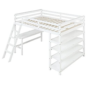 Harper & Bright Designs Full Size Loft Bed with Desk Underneath Full Loft Bed with Shelves and Ladder, Wood Loft Bed Full for Kids Girls Boys,White