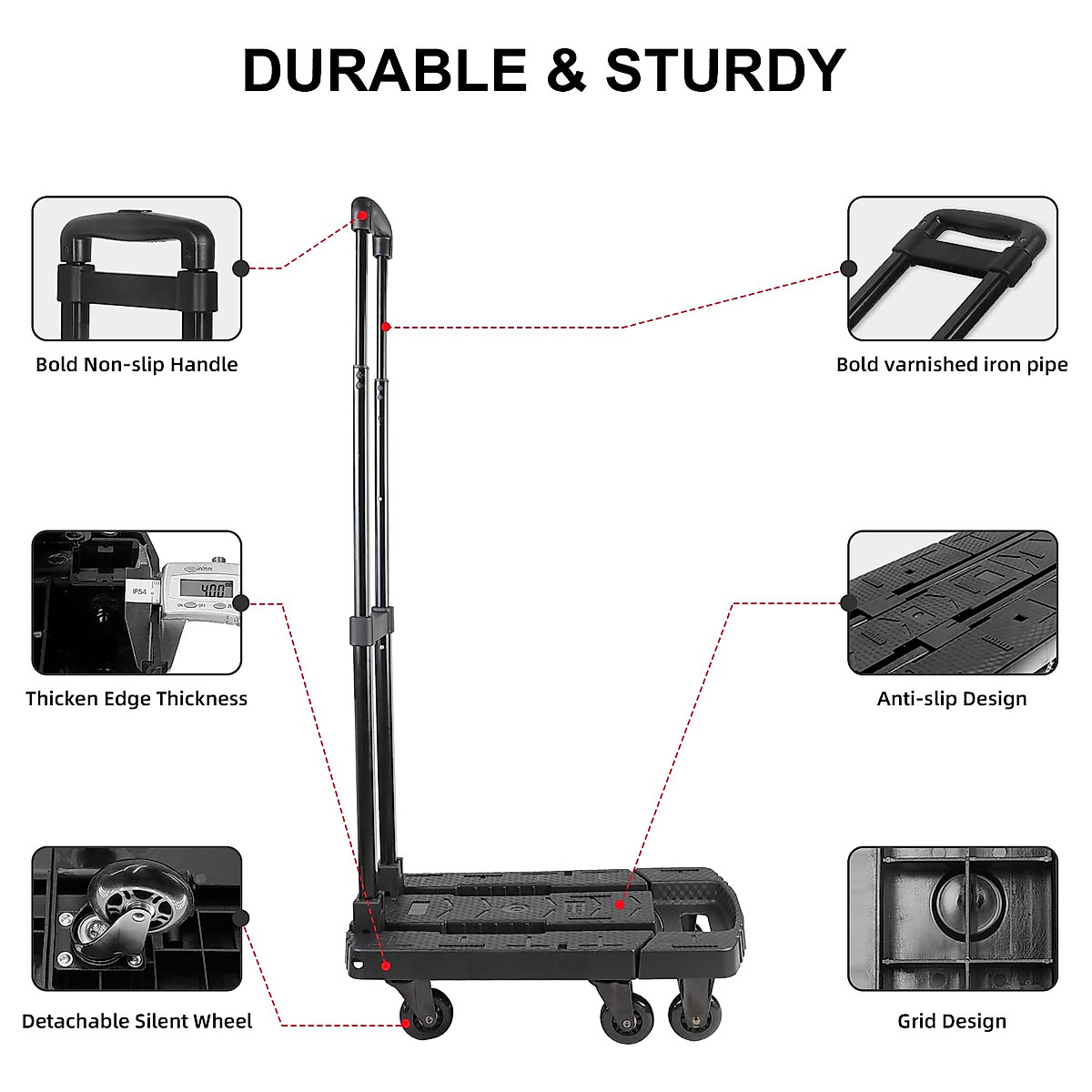 SELORSS Folding Hand Truck, 530 LBS Heavy Duty Luggage Cart, Foldable Dolly Cart for Moving, Utility Dolly Platform Cart with 6 Wheels for Travel House Office Shopping (Black)