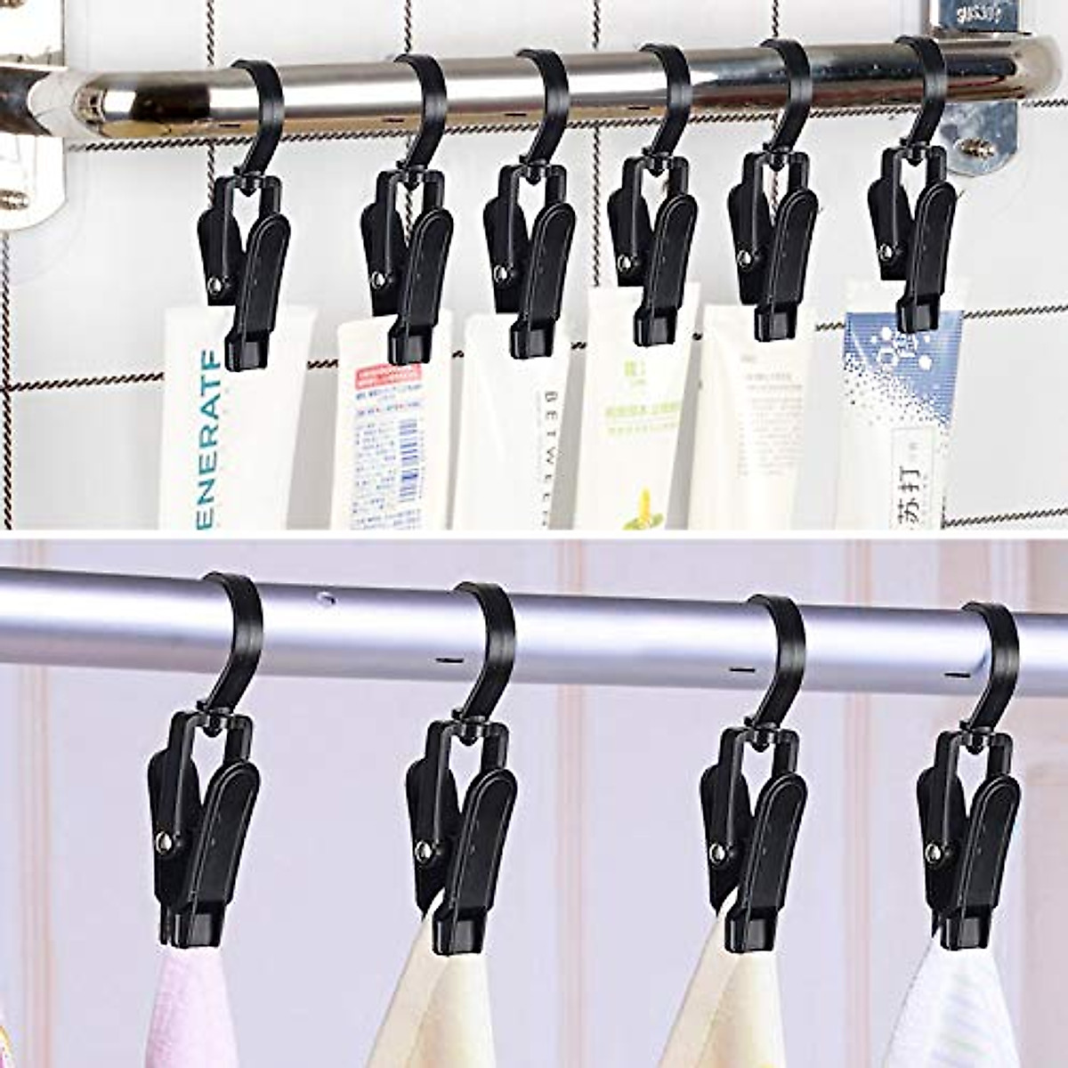 INCREWAY Laundry Hooks Clip, 16pcs 4.53" Black Durable Plastic Curtain Hooks Swivel Hanging Hooks for Hanging Towel Clothes Photos(Black)