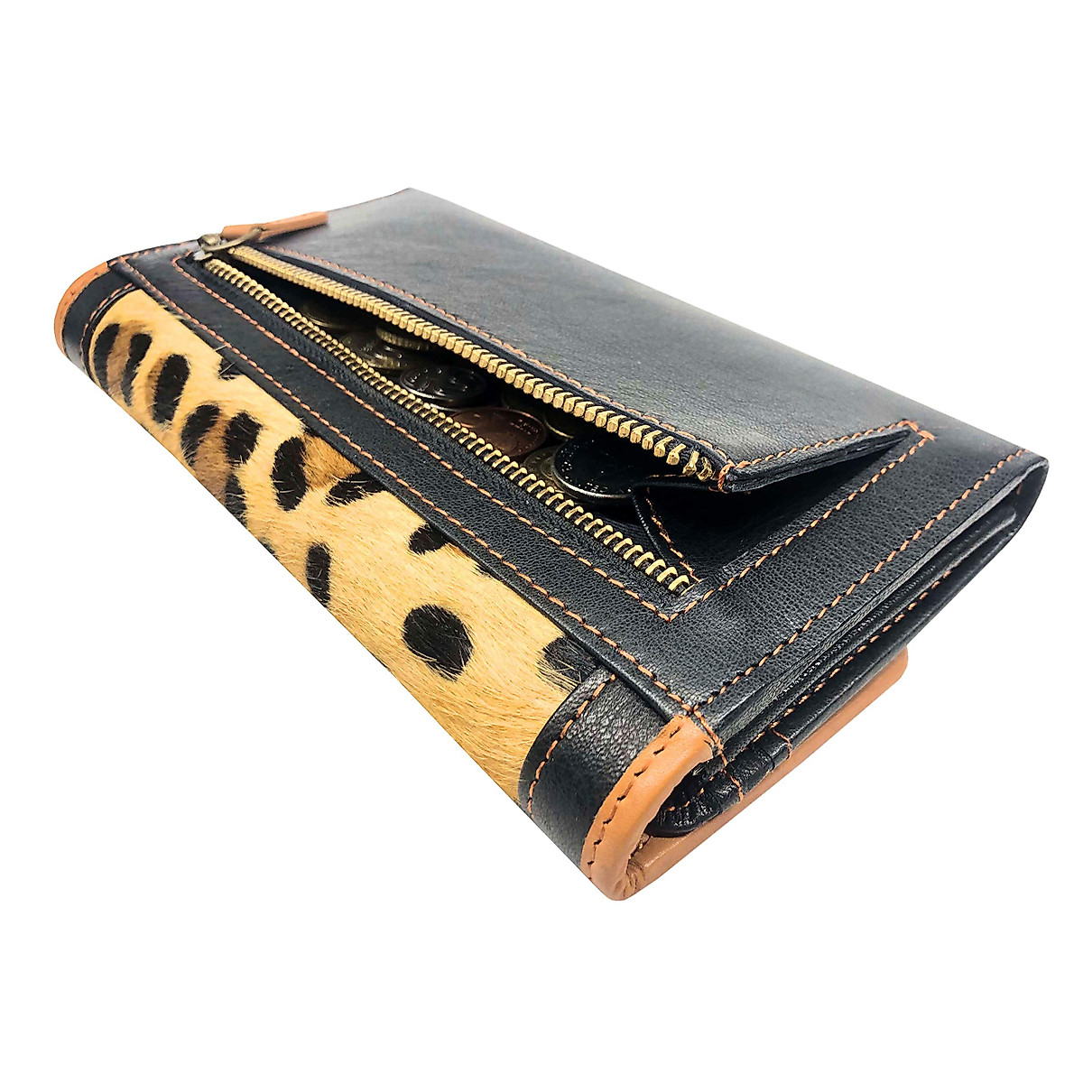 Leather Book® LW-1802 TAJ Leopard Ladies Wallet|11 card slots|1 card window|4 slide pockets|1 zip compartment pocket| 1 back silver metal zip pocket | Black, Tan Cowhide & Jersey leopard Print Leather