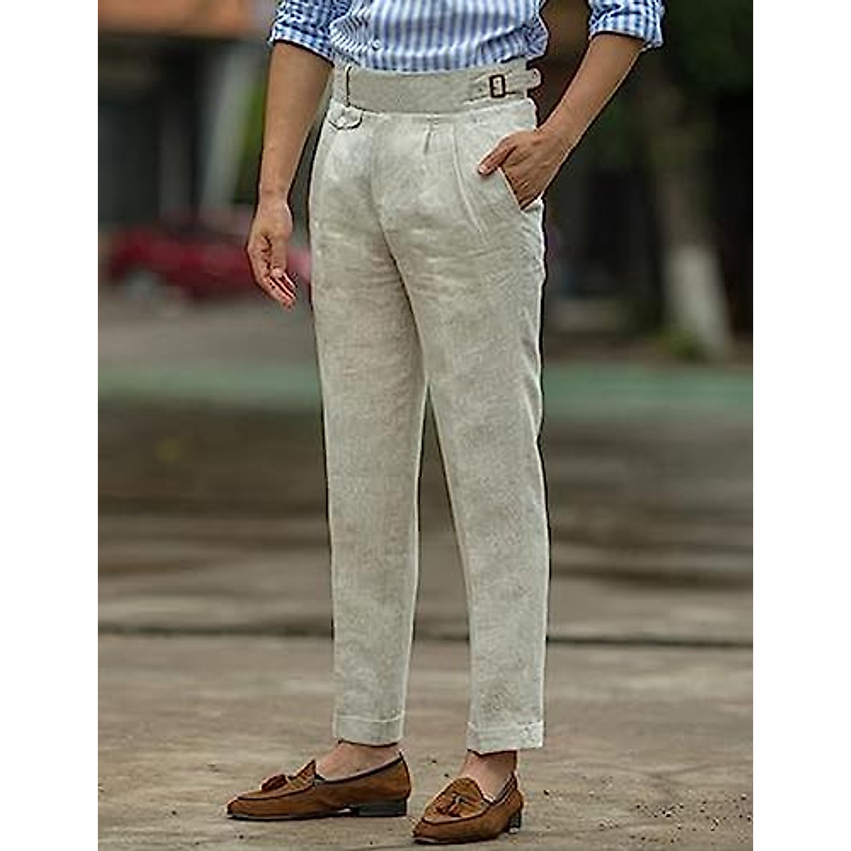 Snoly Men's Summer Retro Lightweight Linen Gurkha Trousers Tapered Leg Straight Flat Front Chino Pant (as1, Alpha, l, Regular, Regular, Beige, Regular)