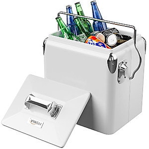 VINGLI 14qt Small Cooler Ice Chest, Insulated Portable Cooler, Beach Cooler, Retro Vintage Classic Style Hard Metal Cooler for Barbeques, Camping, Fishing and Picnics (14 QT, White)