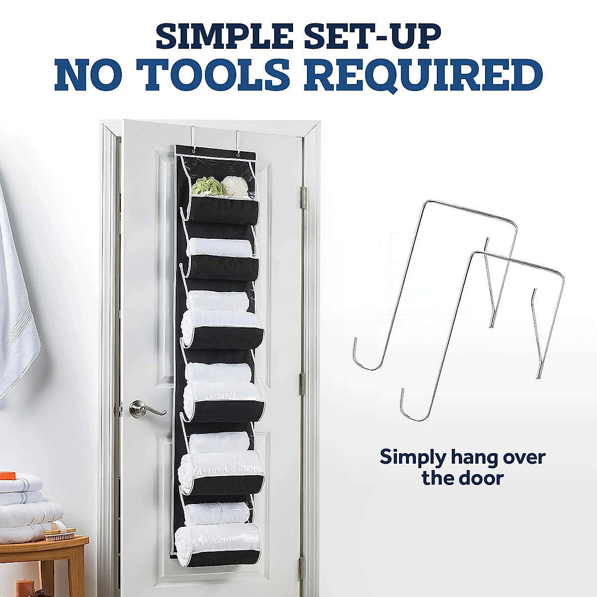 ZOBER Purse Organizer For Closet - Over The Door Purse Organizer W/ 6 Pockets for Easy Purse Storage - Durable Metal Hooks - Purse Rack W/Clear Pockets - Black (2 Pack)