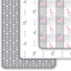 GROW WILD Pack n Play Sheets 3-Pack | Baby Mini Crib Sheets for Girls | Soft Pack and Play Mattress and Crib Bedding Set | Playard Jersey Cotton Fitted Crib Sheets | White Grey Pink Deer and Arrows