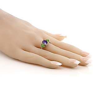 Gem Stone King 925 Sterling Silver Amethyst and Peridot 3-Stone Ring for Women (1.96 Ct Checkerboard, Available in size 5, 6, 7, 8, 9)