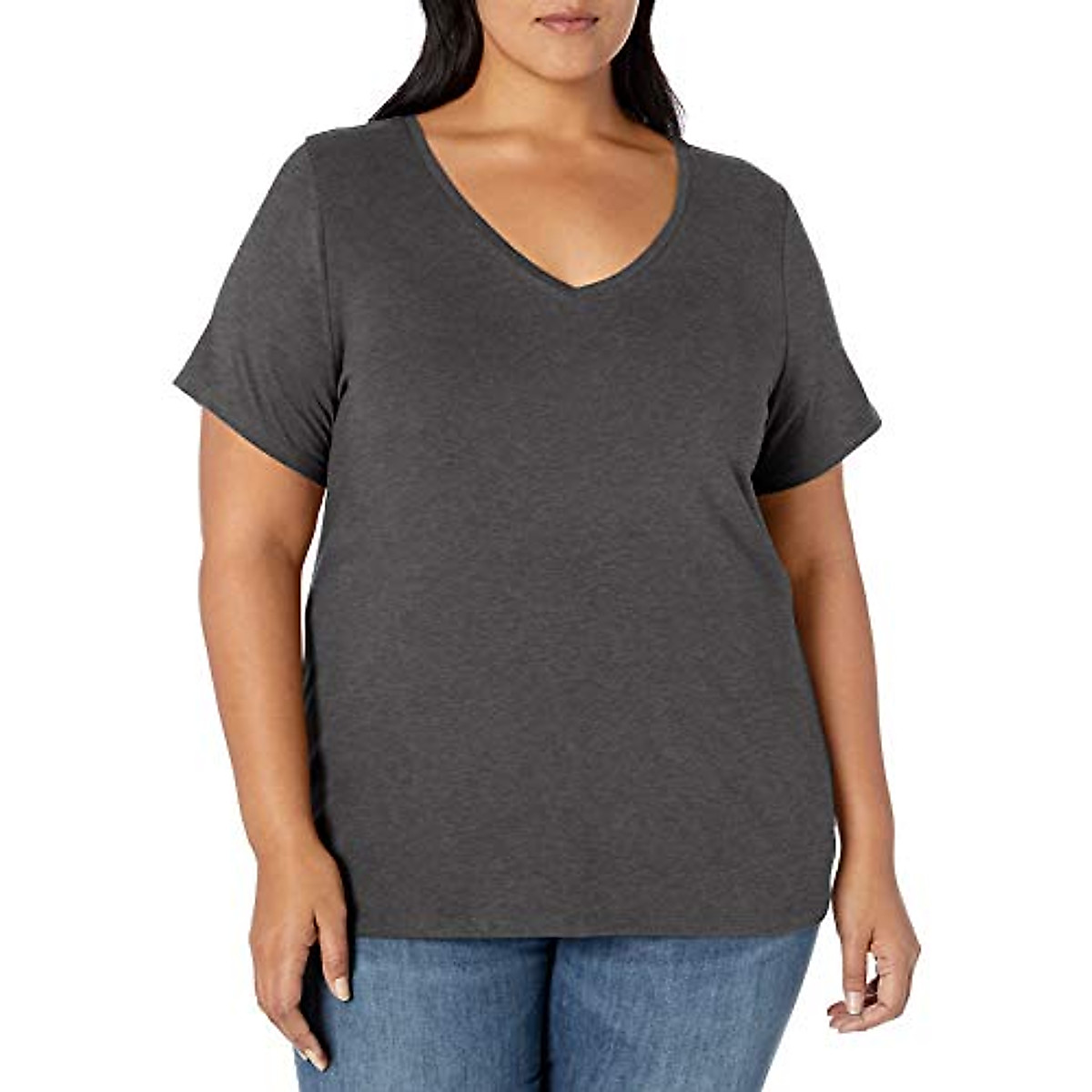 Amazon Essentials Women's Short-Sleeve V-Neck T-Shirt (Available in Plus Size), Charcoal Heather, 2X