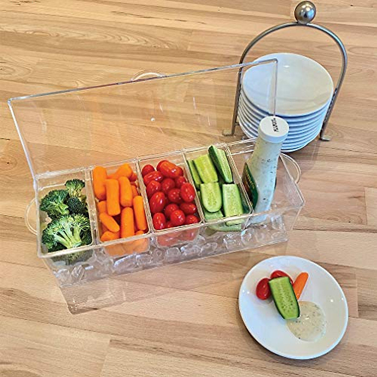 Evelots Ice Chilled Condiment Tray-5 Removable Compartments-Lid-2 Cup Containers