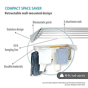 Wall mounted retractable clothing drying rack. Foldaway clothes rack. Collapsible folding hung indoor & outdoor. Space saver compact wall mount design. Foldable Hanging Racks for Laundry room (white)