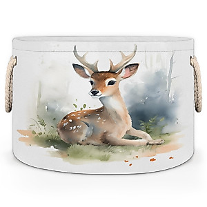 OMFUNS Deer Animal Round Storage Basket Extra Large Art Painting Laundry Hamper Basket for Blankets Clothes Cotton Rope Basket Towel Nursery Baby Toy Pet Basket Decorative