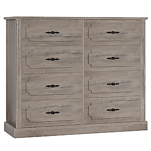 FINETONES Grey Dresser Chest of Drawers, 47.2” Farmhouse Dresser Wood Dresser 8 Drawer Dresser with Steel Handles, Modern Dresser Drawers Floor Storage Cabinet for Living Room Hallway Office