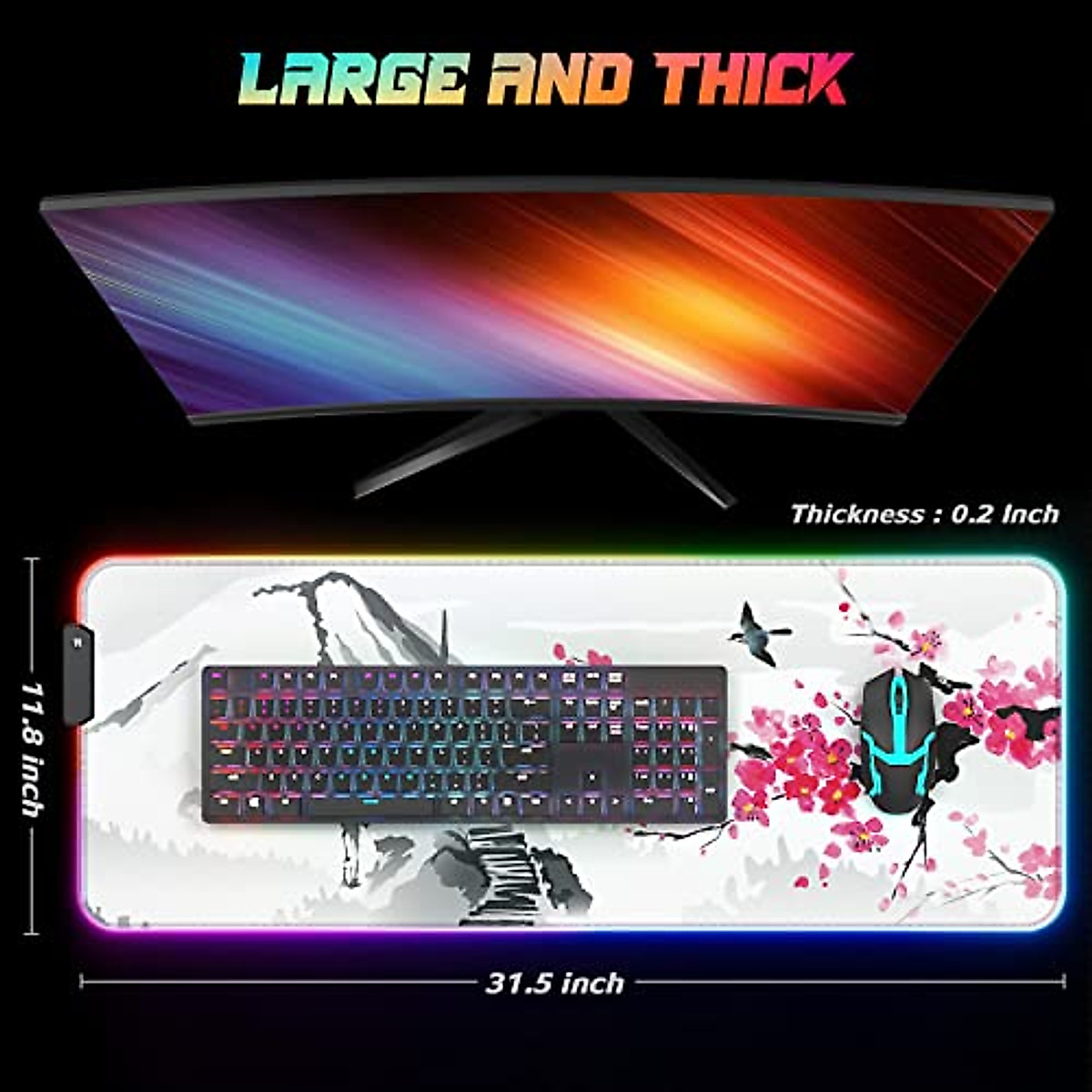 ITNRSIIET RGB Gaming Mouse Pad, Full Desk XL Extended Large Gaming Mousepad, 12 Lighting Modes 30% Thicker Big LED Desk Mat for Gamers, 32 x 12 inches, Japanese Mount Fuji Sakura