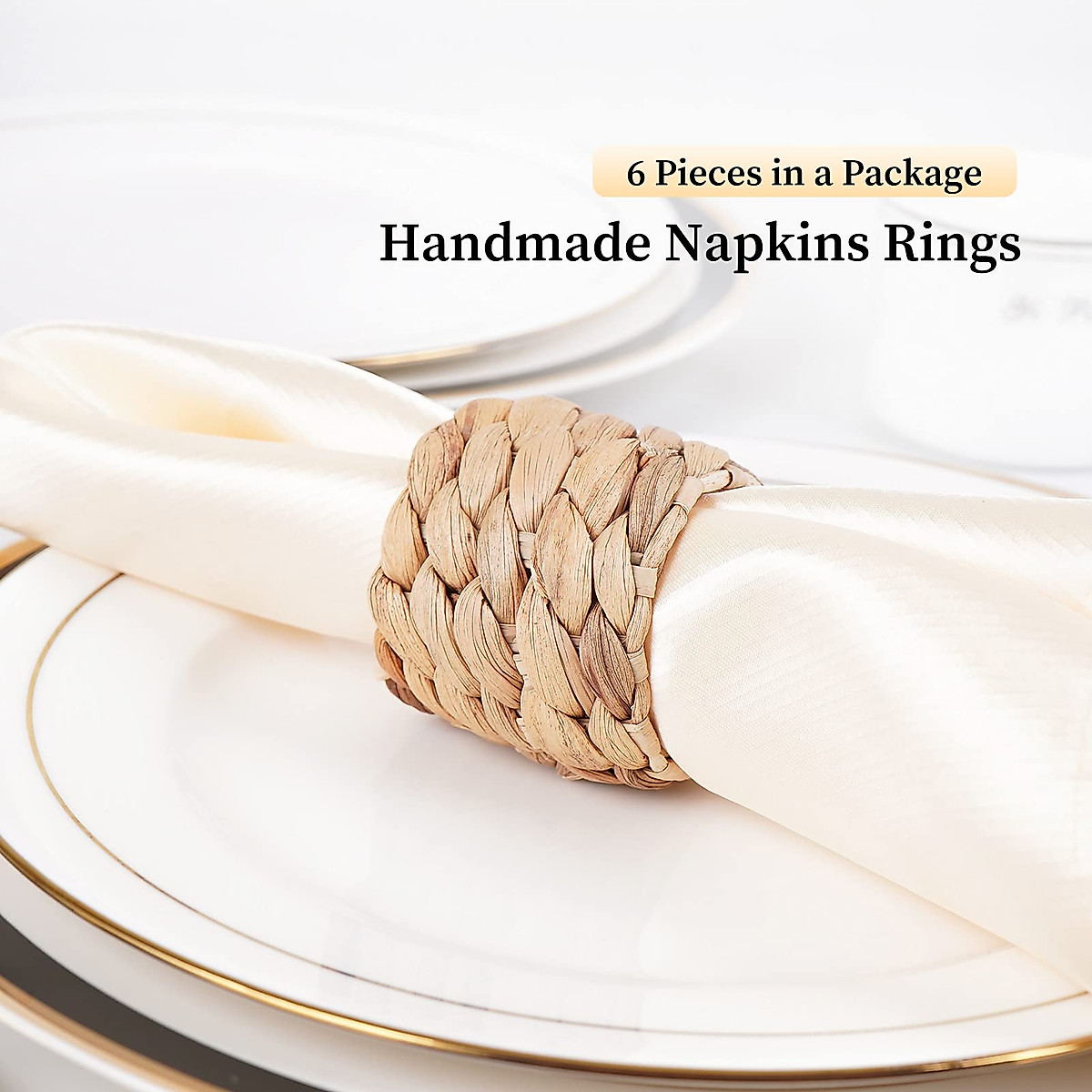Woven Napkin Rings Set of 6, Farmhouse Napkin Rings Handmade by Natural Water Hyacinth, Fabric Napkin Rings for Thanksgiving, Party, Wedding, Supplies for Dinner Table Decoration