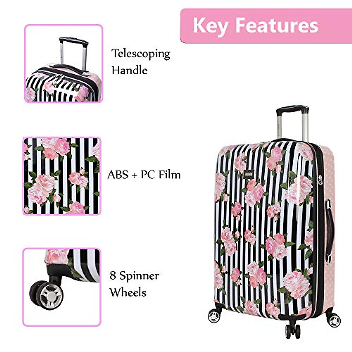 Betsey Johnson 26 Inch Checked Luggage Collection - Expandable Scratch Resistant (ABS + PC) Hardside Suitcase - Designer Lightweight Bag with 8-Rolling Spinner Wheels (Stripe Roses)
