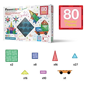 PicassoTiles 80 Pieces Magnetic Building Tiles Magnet Toys Diamond Educational Playset for STEM Sensory Gifts Kid Brain Development Stacking Blocks Construction Set