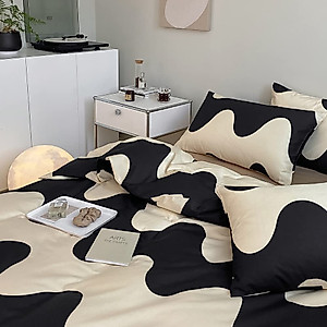 LAYENJOY Geometric Duvet Cover Set Twin, 100% Cotton Bedding, Cream White Black Cows Pattern Printed, Modern Comforter Cover for Single Bed, 3 Piece No Comforter
