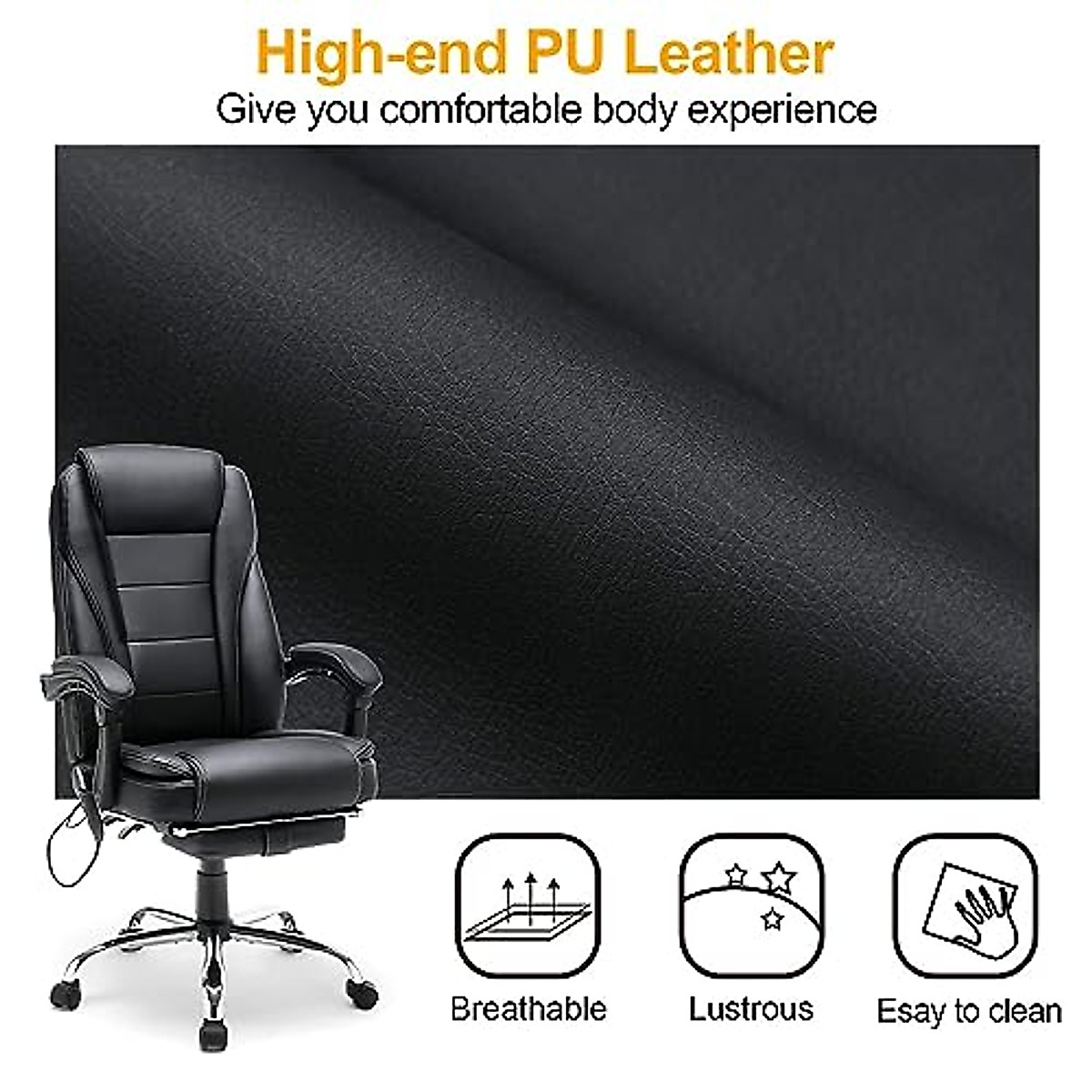 HOMREST Executive Office Chair, Massage Heated Desk Chair with Ergonomic High Back PU Leather Computer Chair with Footrest Lumbar Support for College Dorm (Black)