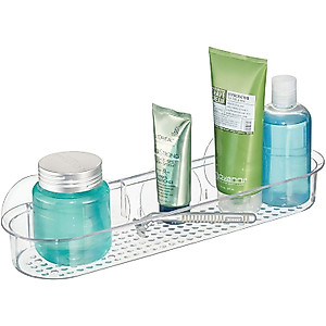 iDesign Plastic Bathroom Suction Holder, Shower Organizer Shelf Basket for Sponges, Scrubbers, Soap, Shampoo, Conditioner, 15" x 4.5" x 2" - Clear