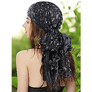 2 In 1 Floral Boho Headwear Hijab Scarf for Travel Soft Cotton Hemp Crepe Crinkled Head Wrap Turban for Woman