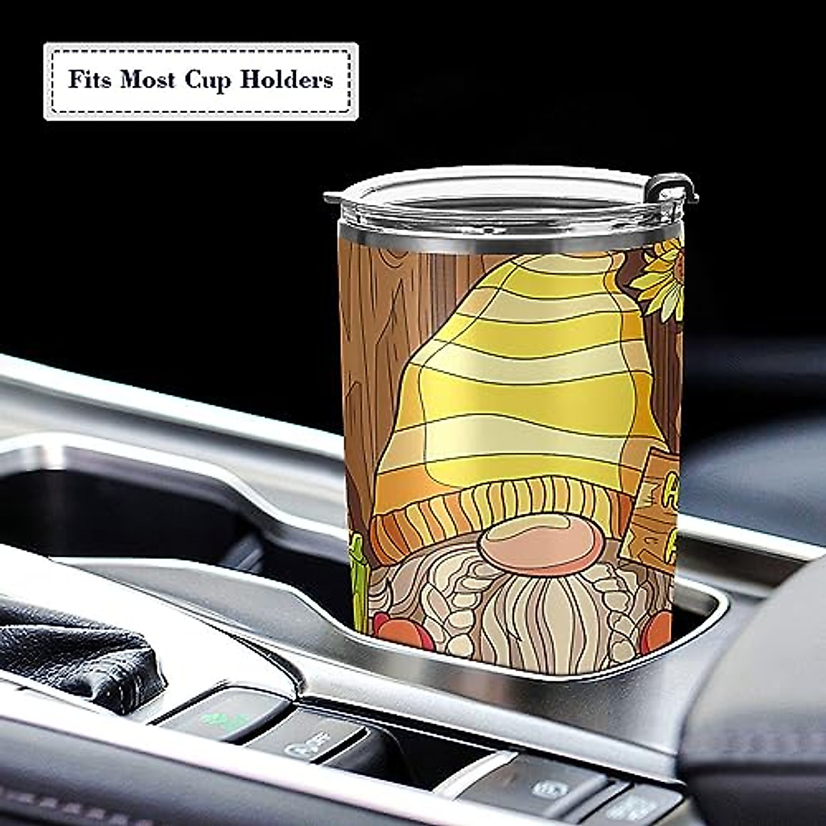 Happy Fall Gnome Dwarf Travel Mug Insulated Tumbler with Lid and Straw Pumpkin Mushroom Stainless Steel Vacuum Double Walled Drinking Cup Keeps Drinks Cold & Hot Water Bottle for Travel Coffee Home