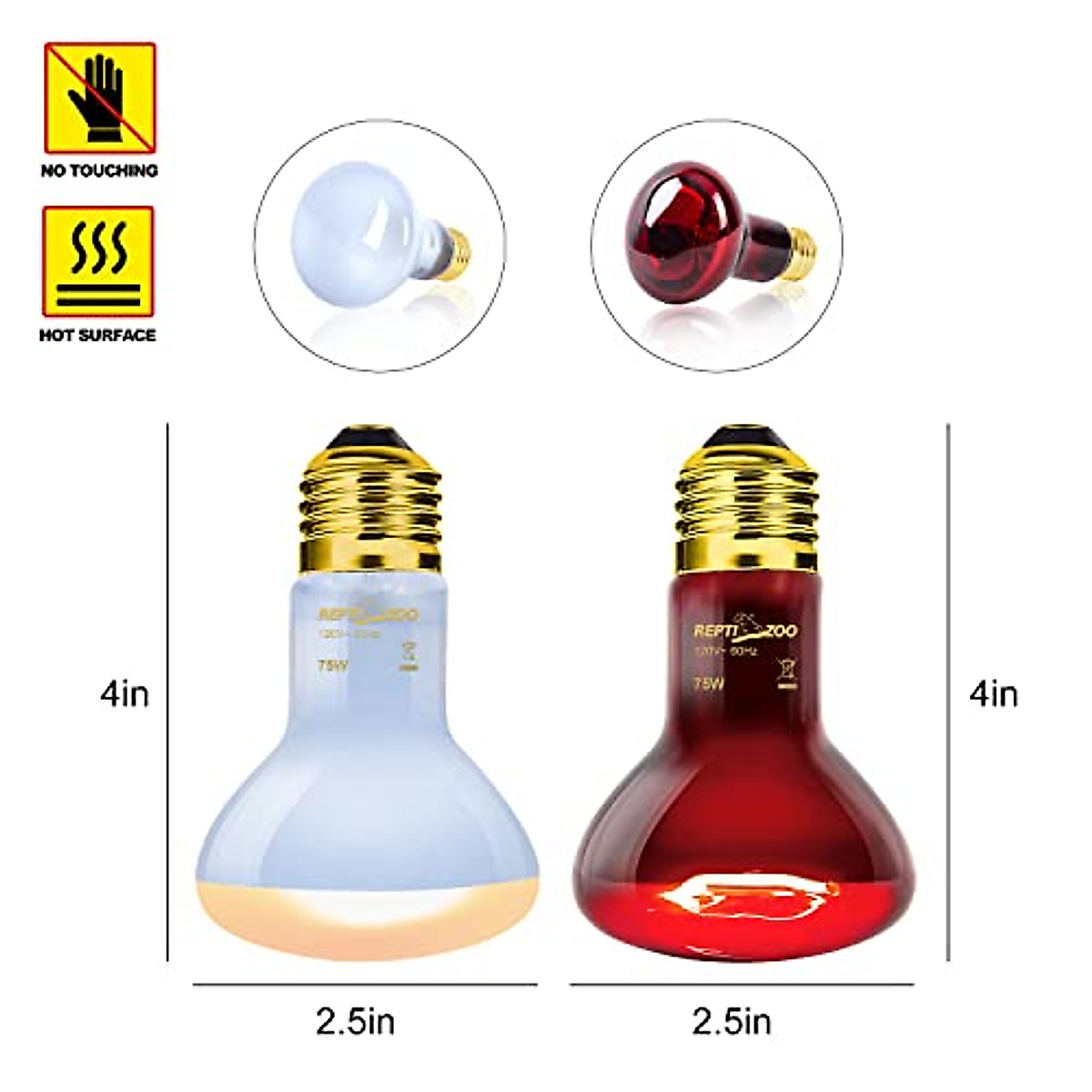 REPTIZOO 75W Reptile Heat Lamp Bulb 2PCS Day & Night Heat Lamp Combo Pack Include Nightlight Infrared Heat Emitter and UVA Daylight Heating Lamp