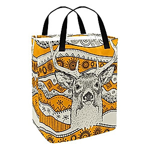 African Deer in Ethnic Tribal Pattern Print Collapsible Laundry Hamper, 60L Waterproof Laundry Baskets Washing Bin Clothes Toys Storage for Dorm Bathroom Bedroom