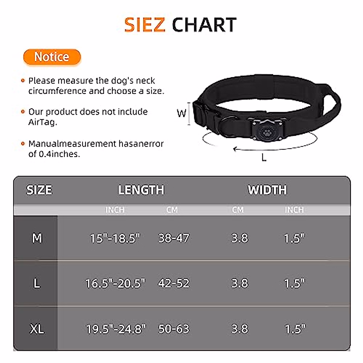 Tactical AirTag Dog Collar, 100% Waterproof Integrated Apple Air Tag Dog Collars with Hard PC AirTag Holder, Adjustable Military Collar with Handle, Thick & Wide GPS Dog Collar for Medium Large Dogs