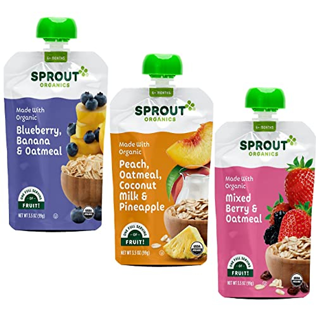 Sprout Organics, Stage 2 Variety Pack, Blueberry Banana Oatmeal, Mixed Berry Oatmeal & Peach Oatmeal with Coconunt Milk, 6+ Month Pouches, 3.5 oz (18-count)