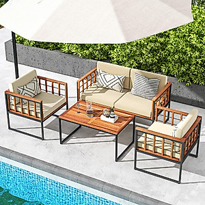 Tangkula Acacia Wood Outdoor Sofa Set, 4 Pieces Outdoor Furniture Set with Heavy Duty Metal Frame, Soft Seat & Back Cushions, for Balcony, Porch, Backyard or Poolside (1, Beige)