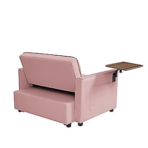 Comfy Velvet Tufted Upholstered Sofa Loveseat Convertible Futon Sofabed,Love Seat W/Pull Out Sleeper Couch Bed and 360 Adjustable Side Table for Coffee & Computer, Modern Compact Daybed