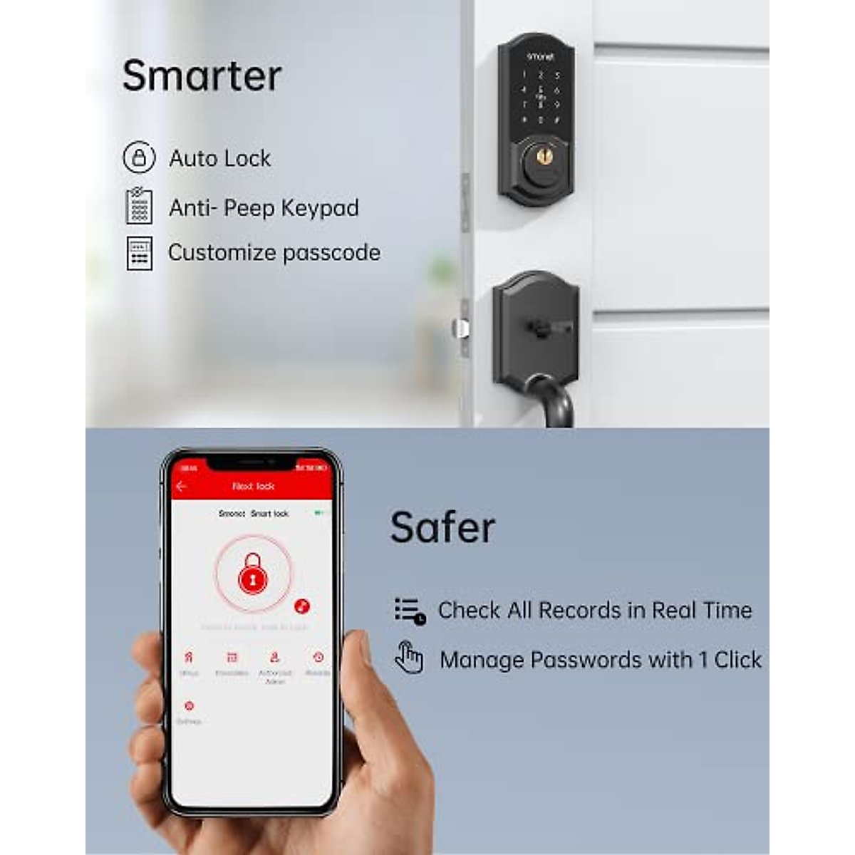 WiFi Door Lock,SMONET Remote Control Smart Deadbolt, Digital Electronic Keyless Entry Locks Bluetooth Touchscreen Auto Lock with Gateway Hub, Work with Alexa,APP,Code,Key for Home Front Door,Black