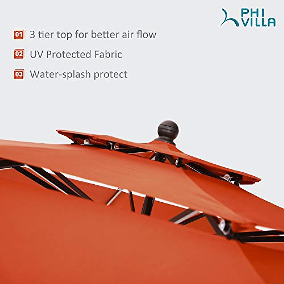 PHI VILLA 10ft Patio Umbrella Outdoor 3 Tier Vented Market Table Umbrella with 1.5" Aluminum Pole and 8 Sturdy Ribs, (Orange Red)