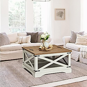HOKYHOKY Square Coffee Table with Storage, 31.5" Farmhouse Wood Center Table with Hinged Lift Top, Industrial Coffee Table Rustic Rectangle Cocktail Table for Living Room (Distressed White)