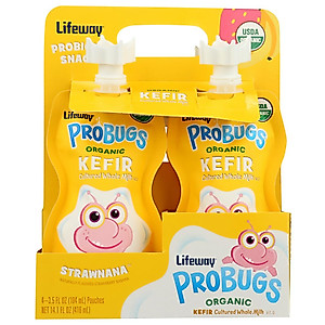 Lifeway Strawnana Organic Probugs Whole Milk Kefir, 3.5 Fluid Ounce - 4 count per pack - 6 packs per case.