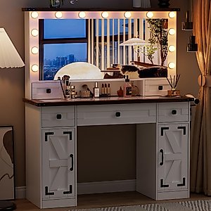PAKASEPT Makeup Vanity Desk with Mirror and Lights, Glass Tabletop Farmhouse Vanity Table with Drawers, Charging Station, Cabinet for Bedroom，White