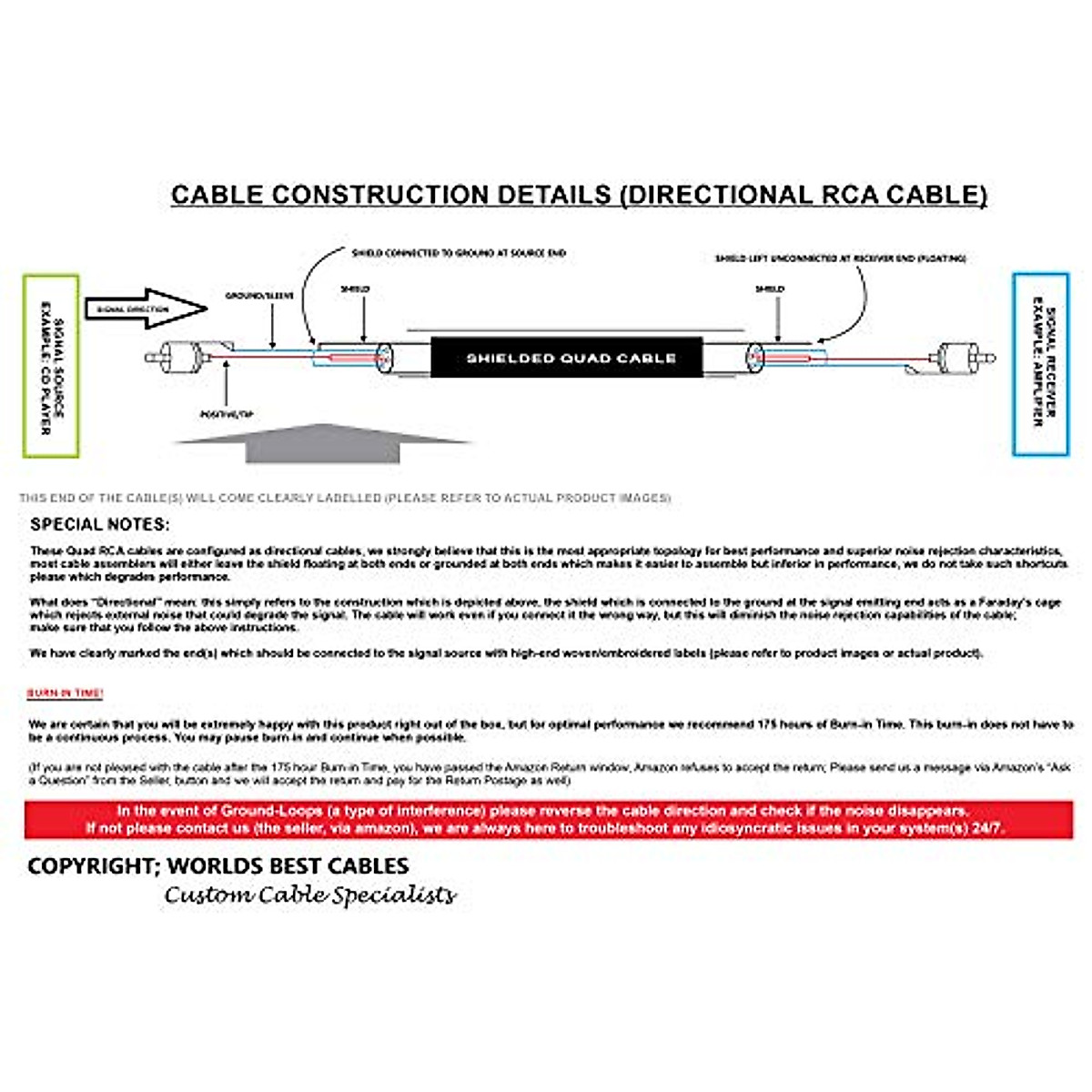 12 Foot RCA Cable Pair - Gotham GAC-4/1 (Black) Star-Quad Audio Interconnect Cable with Amphenol ACPL Black Chrome Body, Gold Plated RCA Connectors - Directional